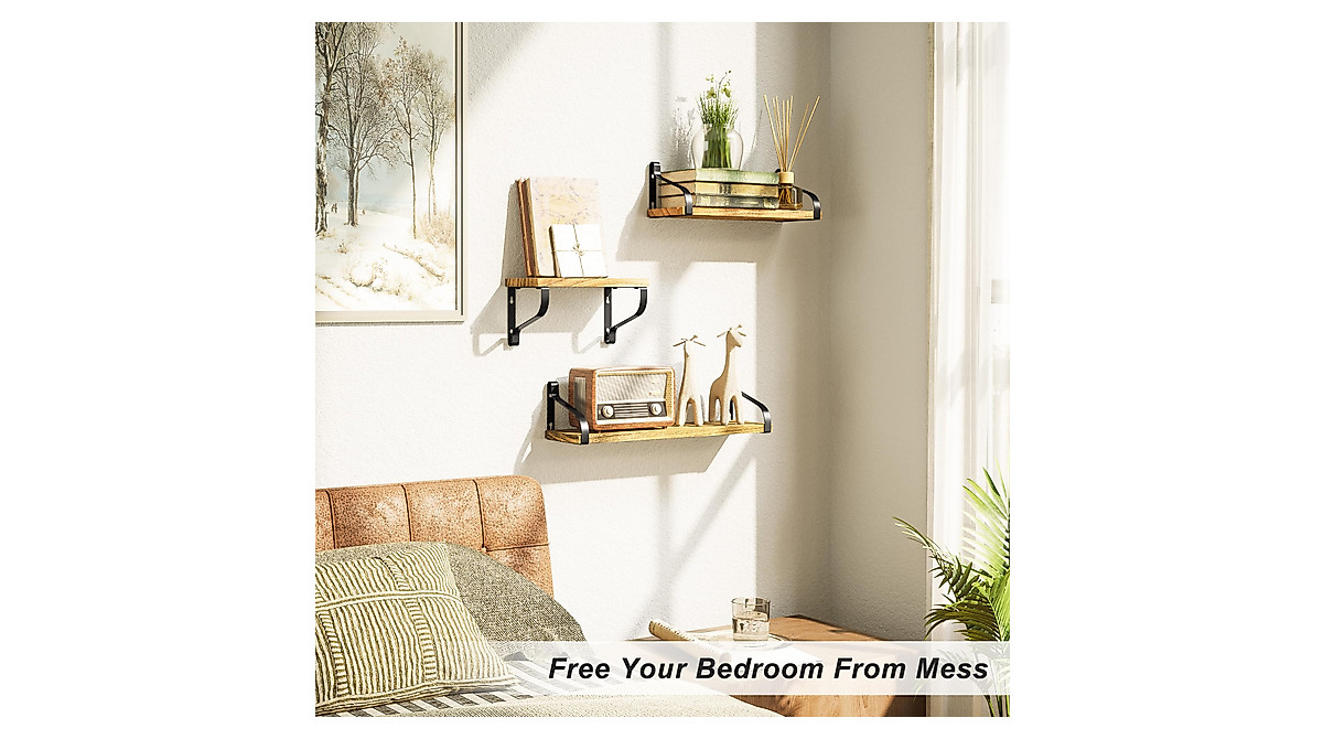 Love-KANKEI Floating Shelves Set of 3 - Rustic Wall Storage & Decor