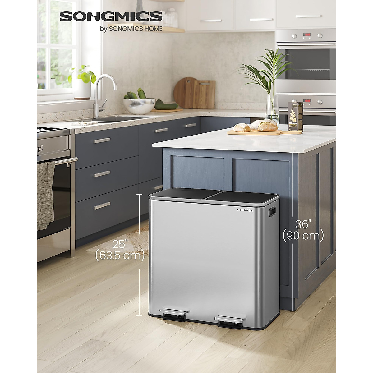 SONGMICS Trash Can, 2 x 10.6 Gallon (2 x 40 L) Garbage Can for Kitchen, with 15 Trash Bags, 2 Compartments, Plastic Inner Buckets and Hinged Lids, Airtight, Silver and Black ULTB730E80
