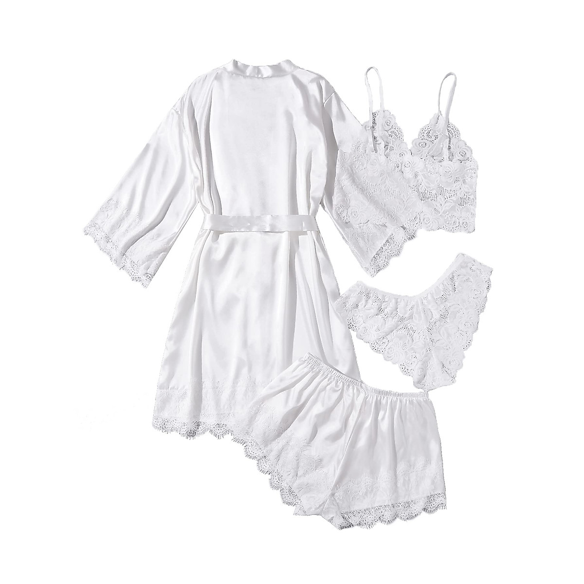 WDIRARA Women' Silk Satin Pajamas Set 4pcs Lingerie Floral Lace Cami Sleepwear with Robe Snow White XS