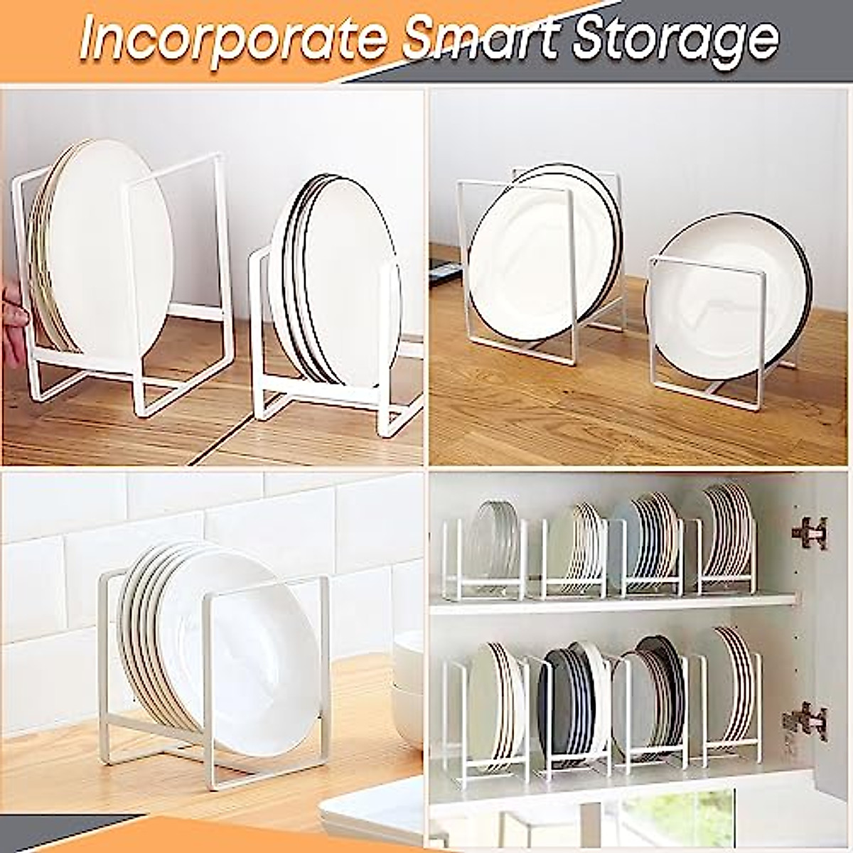 ALKAMI 4 Pack Bowl & Plate Holder Organizers - Small & Large Upright Cabinet Dish Racks for Kitchen Counter, Cupboards - Anti-Scratch & Durable Iron - Drying & Storage Rack for Small Spaces - White