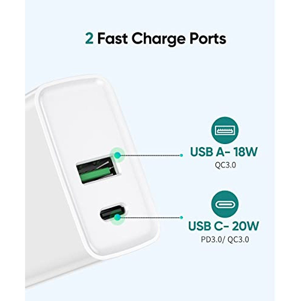 USB C Wall Charger, Dual Port 20W PD & QC 3.0 Fast Charging Block Plug Adapter Type C USB Charger Brick Compatible with iPhone 14/13/ 13 Pro Max/12/11 Pro Max, iPhone Xs/XR/X, Galaxy, Android