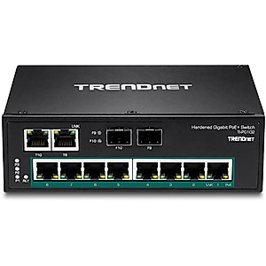 TRENDnet 10-Port Industrial Gigabit PoE+ DIN-Rail Switch, 8 x Gigabit PoE+ Ports, DIN-Rail Mount, 2 x SFP Slots, 240W PoE Power Budget, Network Switch, IP30, QoS, Lifetime Protection, Black, TI-PG102