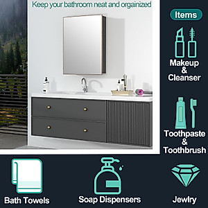 Gold Bathroom Medicine Cabinet with Mirror, Square Rectangle Single Door Recessed or Surface Wall Mounted Aluminum Bathroom Medicine Cabinet, Modern Vanity Mirror 16" W x 22" H