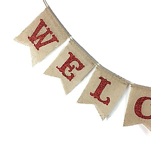 SCHOLMART Welcome Banner Burlap, Wedding Reception Welcome Banner, Party Decoration, Bridal Shower Engagement, Photo Prop (Welcome Red)