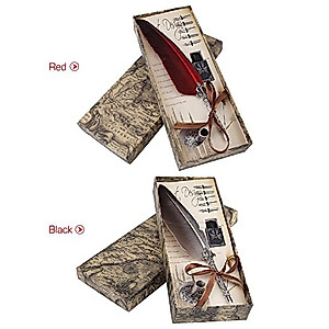 FTVOGUE English Calligraphy Retro Carved Feather Dip Quill Pen Writing Set Stationery Gift Box with 5 Nibs and 1 Ink Bottle(Black)