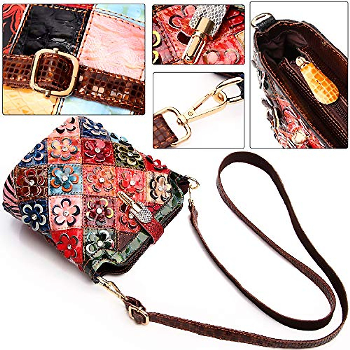 Segater® Women’s Multicolor Floral Small Crossbody Bag,Cowhide Genuine Leather Handbag Flower 3D Snake Pattern Shoulder Bag Ladies Travel Top-Handle Bag Patchwork Colorful Purses