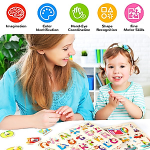 6 Pack Wooden Peg Puzzles Set for Toddlers 3 4, Preschool Educational Pegged Knob Puzzle Toy Wooden Learning Toys for Baby Boys and Girls Age 3-4