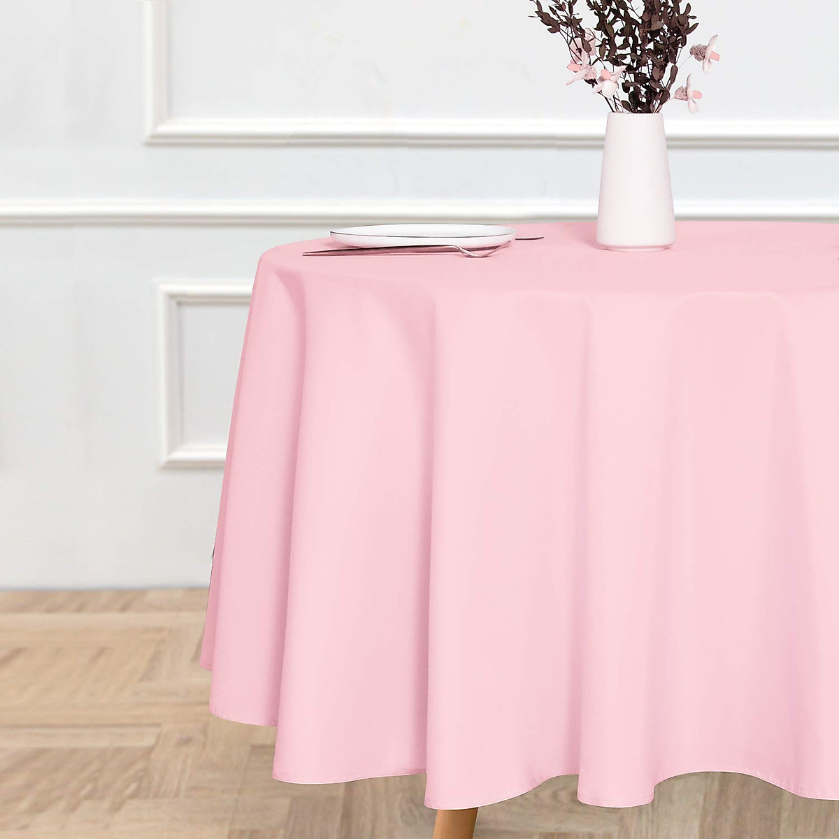 sancua Round Tablecloth - 90 Inch - Water Resistant Spill Proof Washable Polyester Table Cloth Decorative Fabric Table Cover for Dining Table, Buffet Parties and Camping, Pink