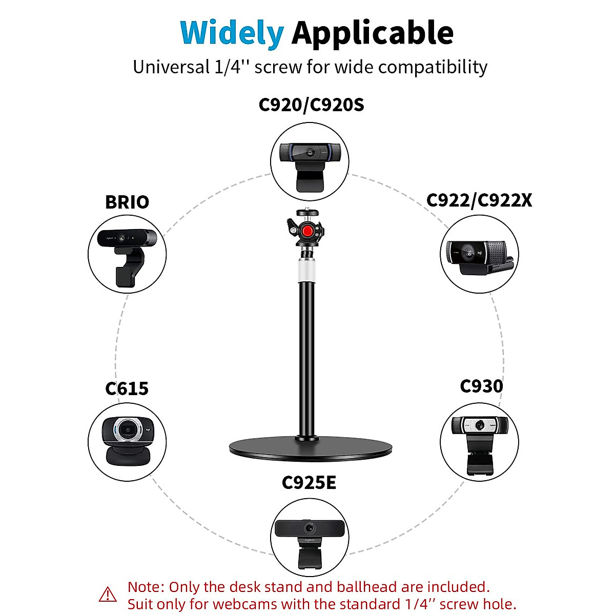Etour Webcam Desk Mount Stand with 360° Ballhead, Heavy Base Height Adjustable Compatible with Logitech Webcam C920 C922 Brio 4K, and Other Webcam with 1/4" Thread for Live Streaming/Video Calling
