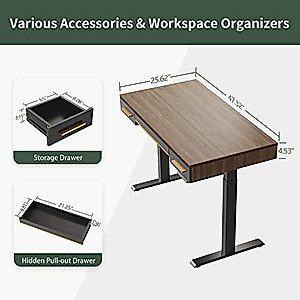 FEZIBO Mid Century Modern Electric Standing Desk with 3 Drawers, 48 x 26 Inches Whole Piece Sit Stand Up Home Office Desk, Black Walnut Top with Black Frame (2 Packages)