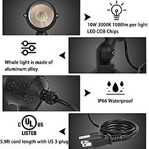 20W Dusk to Dawn Outdoor LED Spotlight Plug in with Photocell Sensor for House Flag Yard Tree Garden, 3000K 1000lm Warm White 120V Landscape Lighting with Stake IP66 Waterproof 5.9ft Cord, 2 Pack