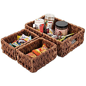 Yopay Set of 3 Hand-Woven Storage Baskets, Wicker Baskets for Organizing, Rectangular Imitation Nesting Storage Baskets with Built-in Handles for Shelves, Walnut Decorative Basket