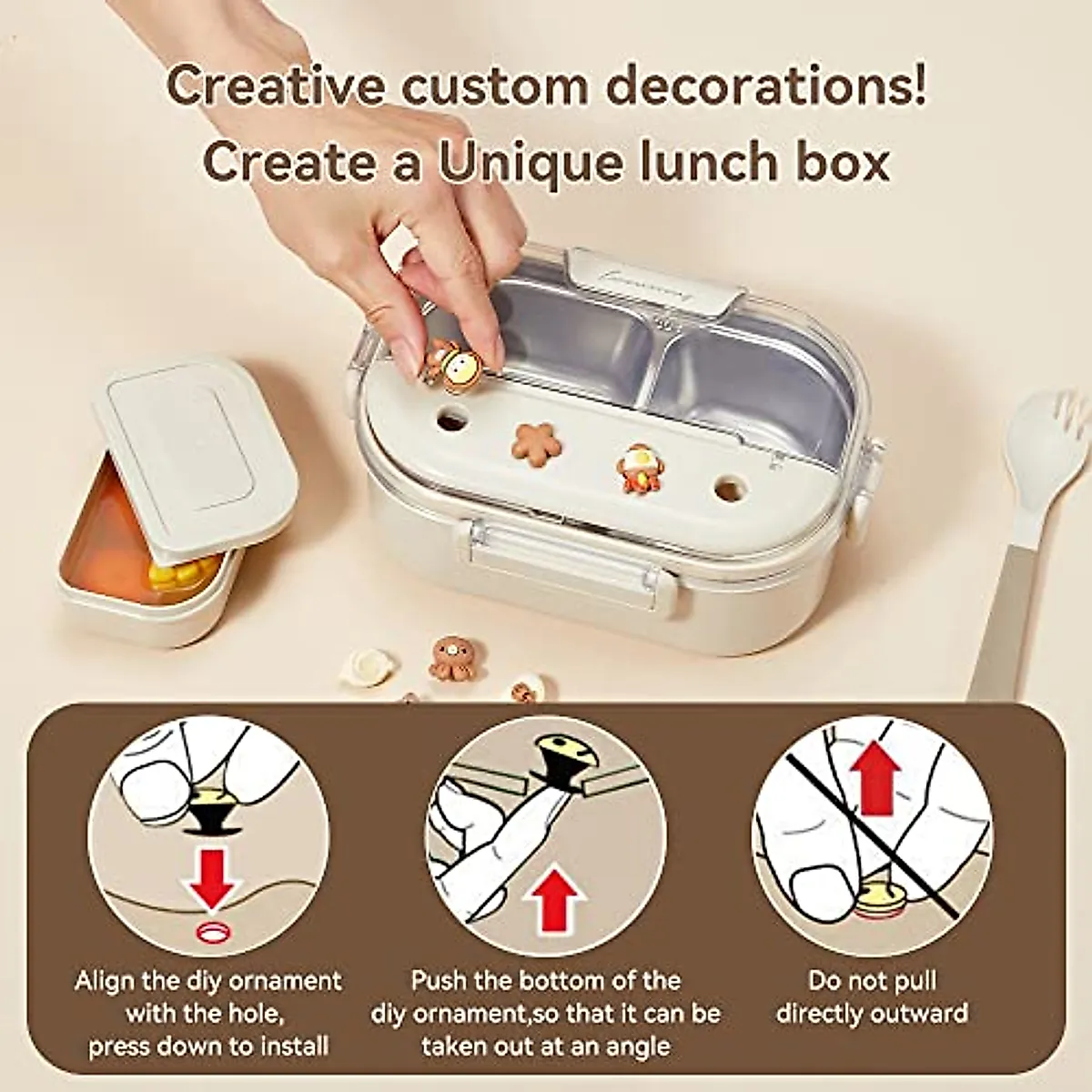 VANDHOME Bento Box Stainless Steel Lunch Box with Cutlery 2-Compartment Lunch Container Reusable Bento Lunch Box, Suitable for Office, Work Meals, BPA-Free Leak-Proof Bento Box (Beige 900ml)