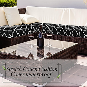 Newwiee 4 Pcs Patio Stretch Sofa Cushion Covers Moroccan Pattern Outdoor Cushion Covers Replacement Patio Furniture Cushion Couch Slipcovers Chair Seat Cover Soft Flexibility Protector (Black)