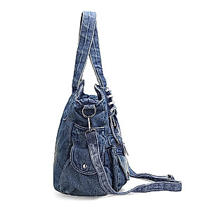 Denim Bag Jean Bag Women Hobo Bag Large Capacity Casual Multiple Pockets Shoulder Tote Bag (Blue)