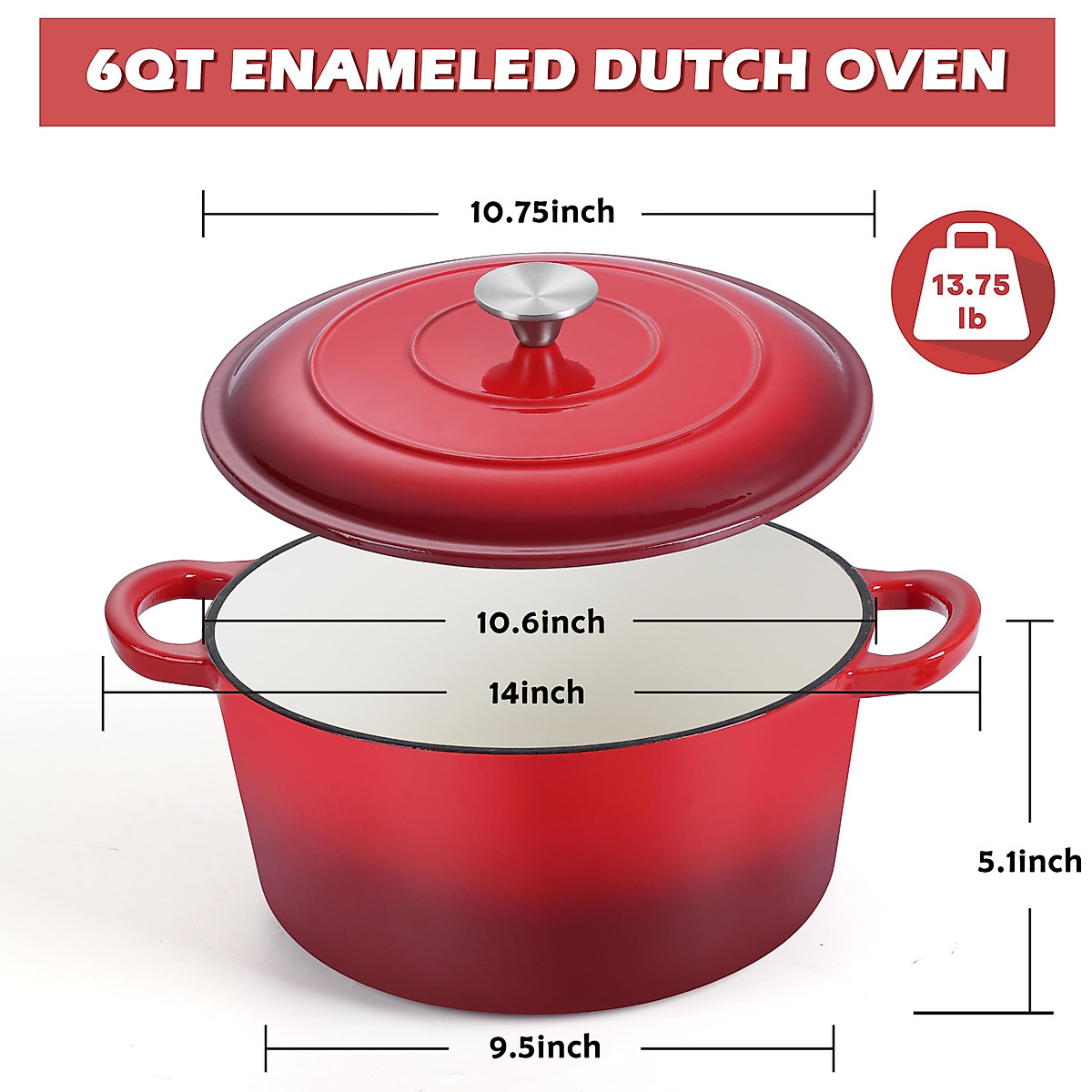 TeamFar 6QT Dutch Oven with Lid, Enameled Cast Iron Dutch Oven Nonstick Stock Pot for Cooking, Stewing, Braising, Roasting, Healthy & Heavy Duty, Double Handles & Sealed Cover, Easy to Clean - Red