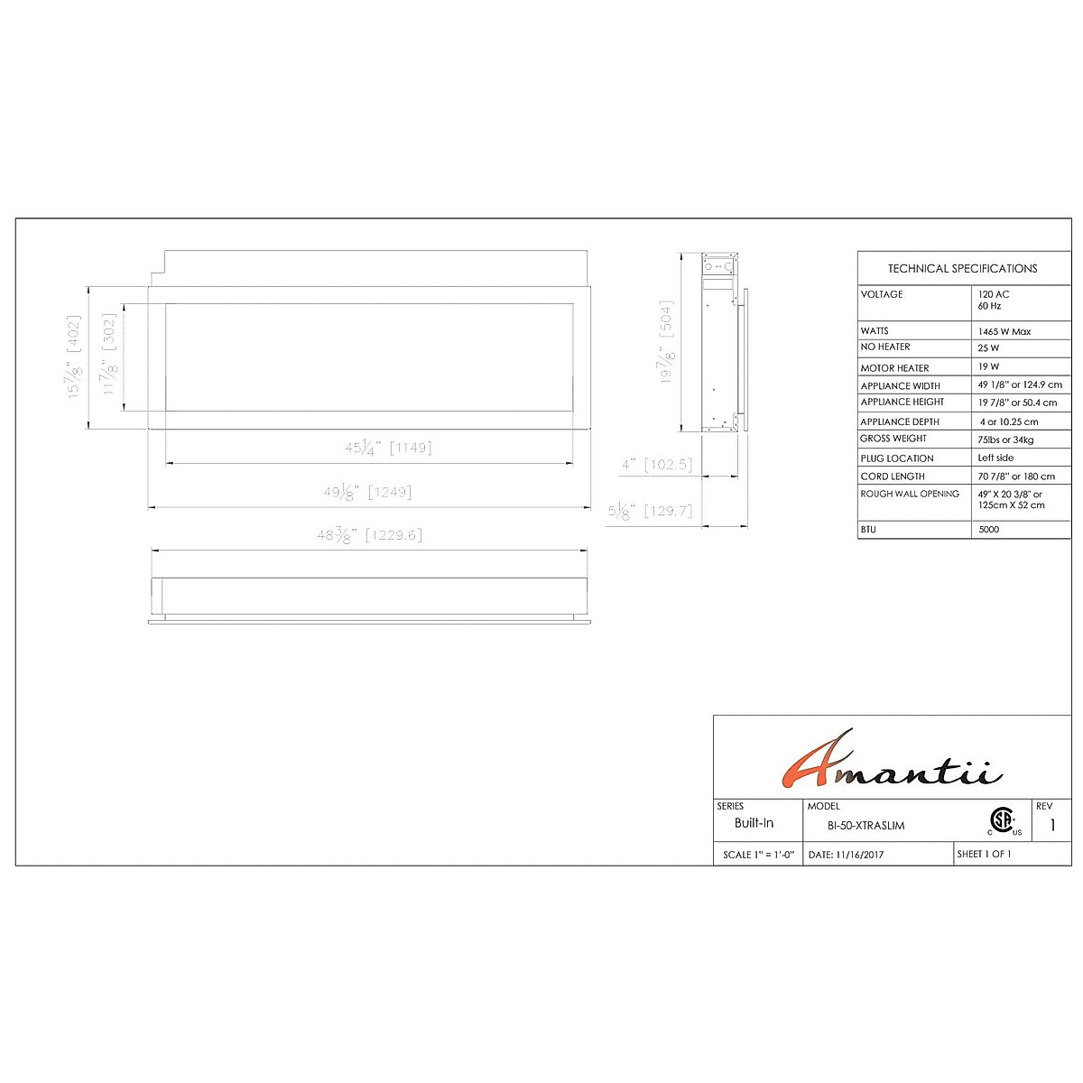 Amantii Panorama Indoor/Outdoor Extra Slim Built In Electric Fireplace (BI-50-XTRASLIM), 50-Inch