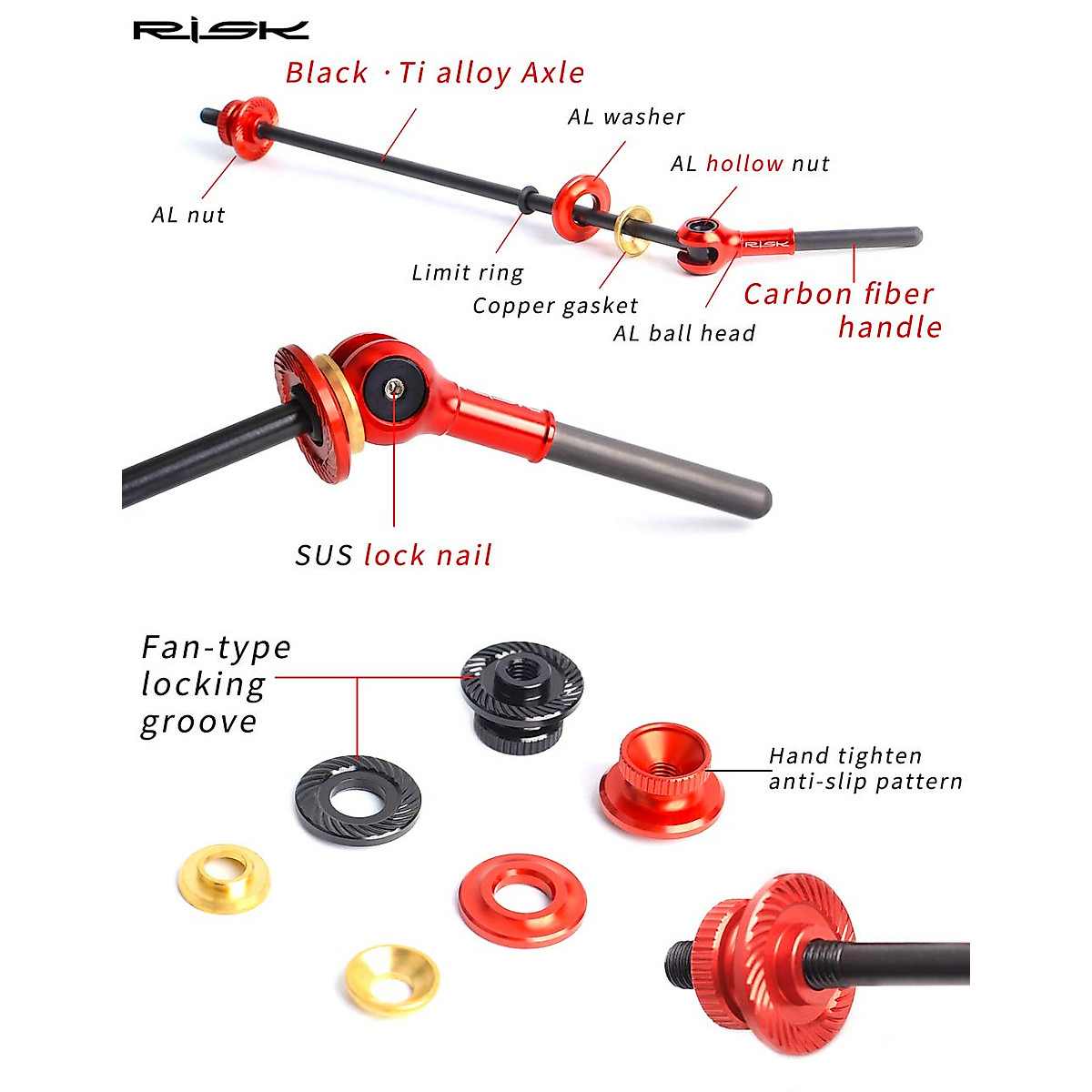 CYCEARTH 40.35g Titanium Bicycle QR Skewer lever MTB Road Bike Wheel Hub Ultralight Ti-Axis Carbon Fiber Handle Quick Release Skewer (Red)