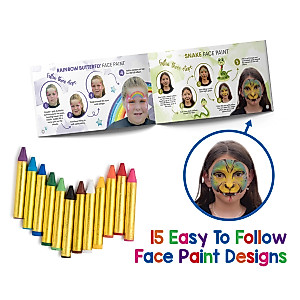 Dress Up America Face Paint Crayons - With Artbook & Easy To Follow Facepainting Designs -Safe Non-Toxic Face And Body Paint Made in Taiwan - Halloween Makeup Face Painting Kit for Kids & Adults