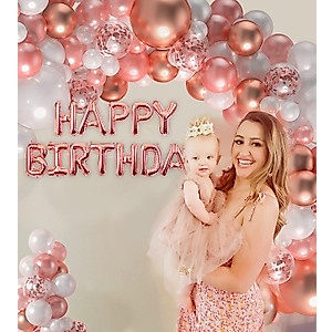 Janinus Rose Gold Balloons Garland Arch Kit- 5+12+18 Inch Rose Gold White Confetti Birthday Balloons Decorations For Women Girls Princess Engagement Wedding Birthday Party decorations