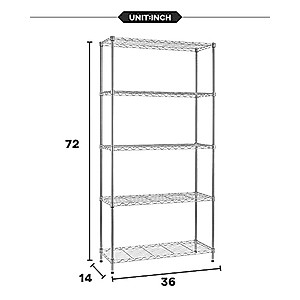 FDW 14''Dx36''Wx72''H 5-Shelf Wire Shelving Large Storage Shelves Adjustable Metal Shelves Heavy Duty Height Commercial Grade Steel Layer Shelves 1250 LBS Capacity,Chrome