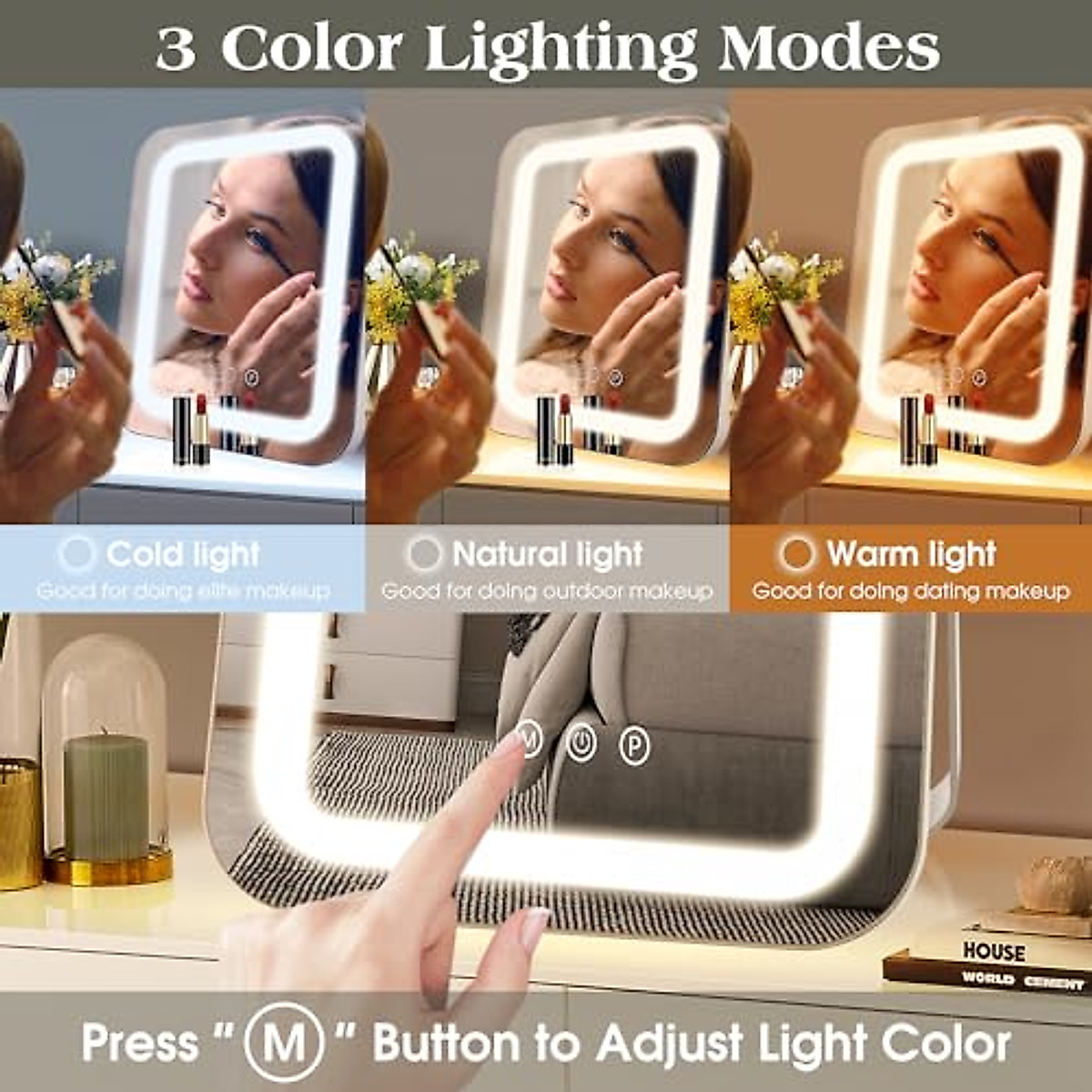 Sucedey Makeup Mirror with Lights, 12"x10" Lighted Vanity Mirror, 3 Color Modes & Adjustable Brightness, Detachable 10x Magnification, 360°Rotation (White)