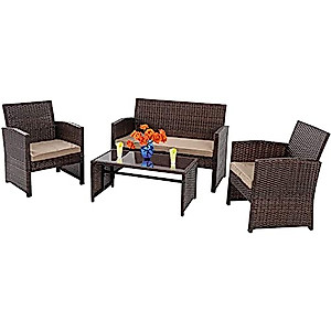 FDW 4 Pieces Rattan Wicker Conversation Set Lawn Chairs Porch Poolside Balcony Garden Outdoor Furniture,Brown