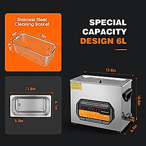 Professional Ultrasonic Cleaner 6L, 180W Ultrasonic Parts Cleaner with Heater Timer, 40kHz Ultrasonic Cleaning Machine with LED Display for Cleaning Industrial Parts, Circuit Board, Carburetor, Watch