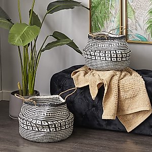 Deco 79 Wood Handmade Patterned Storage Basket with Handles, Set of 2 16", 14"H, Black