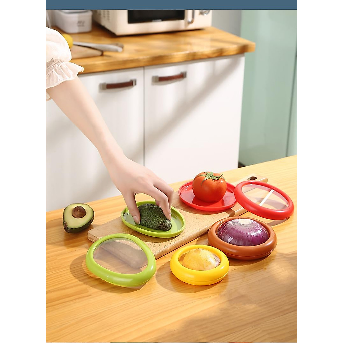 LCYHOMIEE Avocado Saver and Tomato Holder, Set of 4 Silicone Fruit Storage Box Reusable Storage Containers for Fridge - Ideal for Garlic, Onions, Lemons, and Potatoes