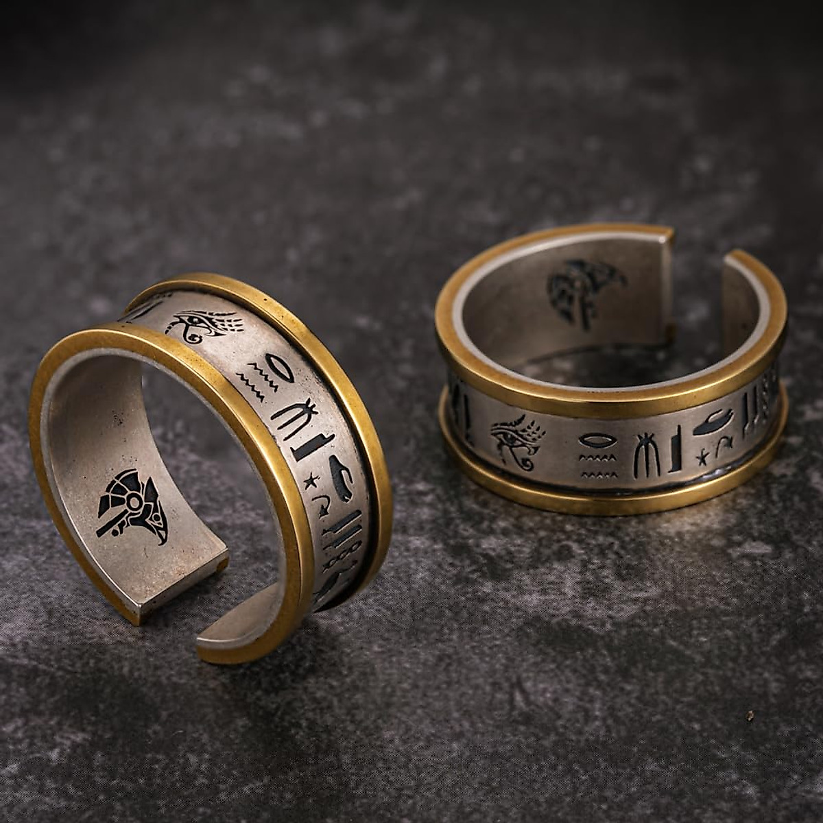 Copper and 925 Sterling Silver Eye of Horus Ring Two Tone Ancient Egyptian Hieroglyphics Band Ring Punk Jewelry for Men Women Open and Adjustable 8mm Size M