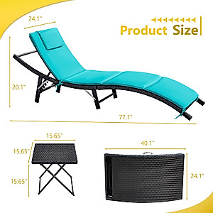 Rankok Outdoor Lounge Chairs Set 3 Pieces Adjustable Chaise Lounge with Folding Table and Cushion for Garden, Poolside, Beach (Blue)