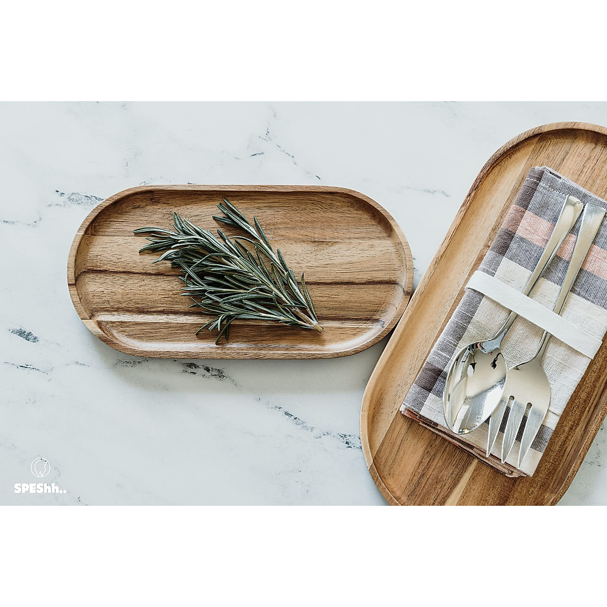 SPEShh Acacia Wooden Serving Trays Set of 2 - Rectangular Oval Shaped Wood Plates for Charcuterie Cheese Bread Fruit Vegetable Dip Sushi - Rustic Serving Platter Shallow Dishes -14x7 & 11x5.5 in.