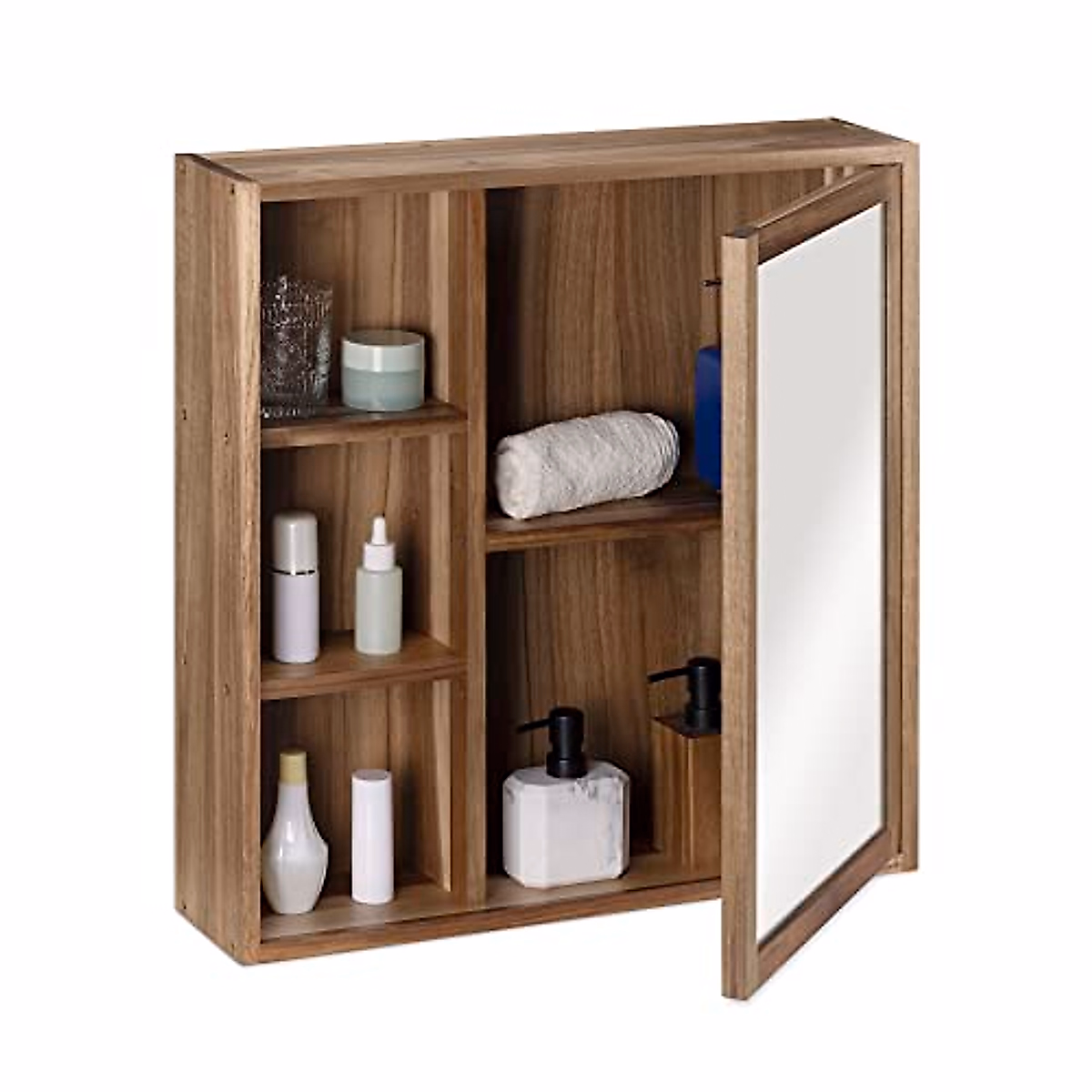 Navaris Wooden Bathroom Cabinet - Acacia Wood Cupboard with Mirror & Shelves - Wall Mounted Storage Unit for Bath Room or Restroom - 23.8"x23.6"x5.5"