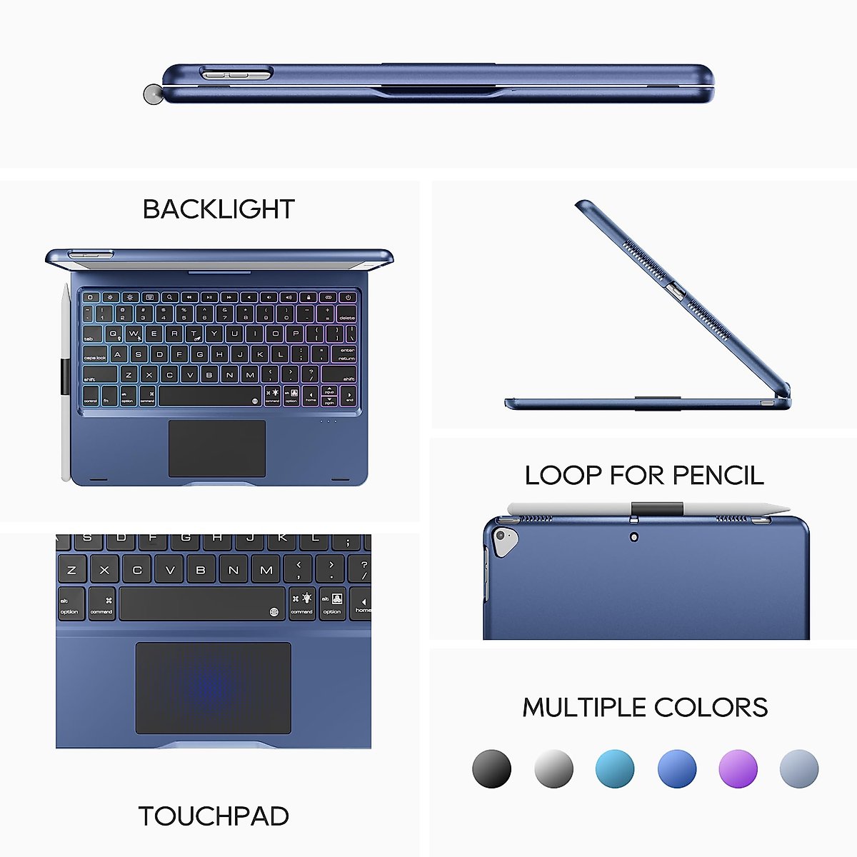 edaiser Swivel Keyboard Case for iPad 10.2 inch 9th 8th 7th, iPad Air 3rd and iPad Pro 10.5 2nd Generation: Wireless Rotatable Cover, Pencil Holder, Smart Trackpad, RGB Backlit, Metallic Blue