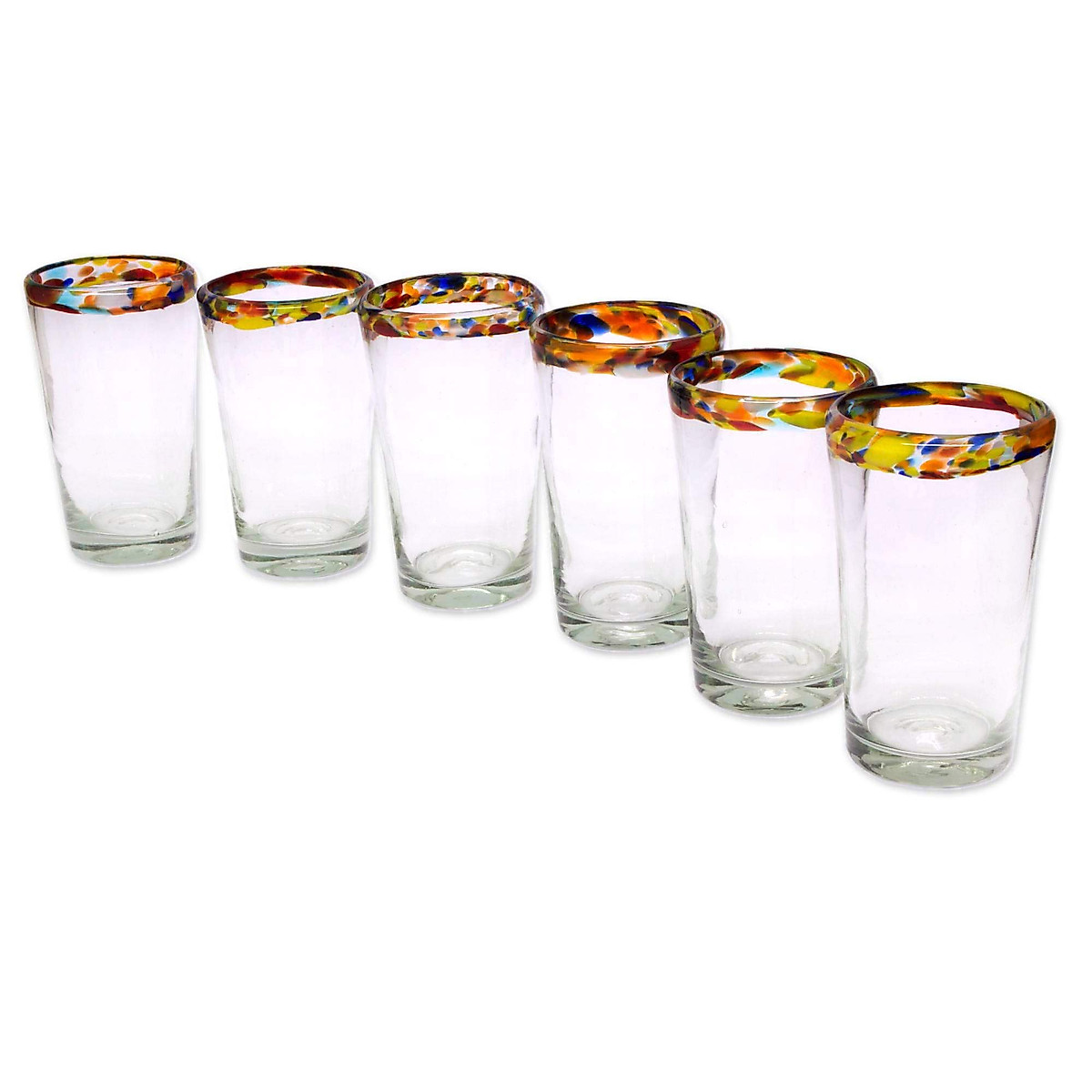 NOVICA Hand Blown Recycled Glass Confetti Rim Highball Glasses, 16 Oz, Confetti' (Set Of 6)