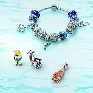 Tropical Vacation Travel Colorful Umbrella Beach Lounge Chair Dangle European Charm Bead For Women Enamel .925 Sterling Silver Fits European Bracelet