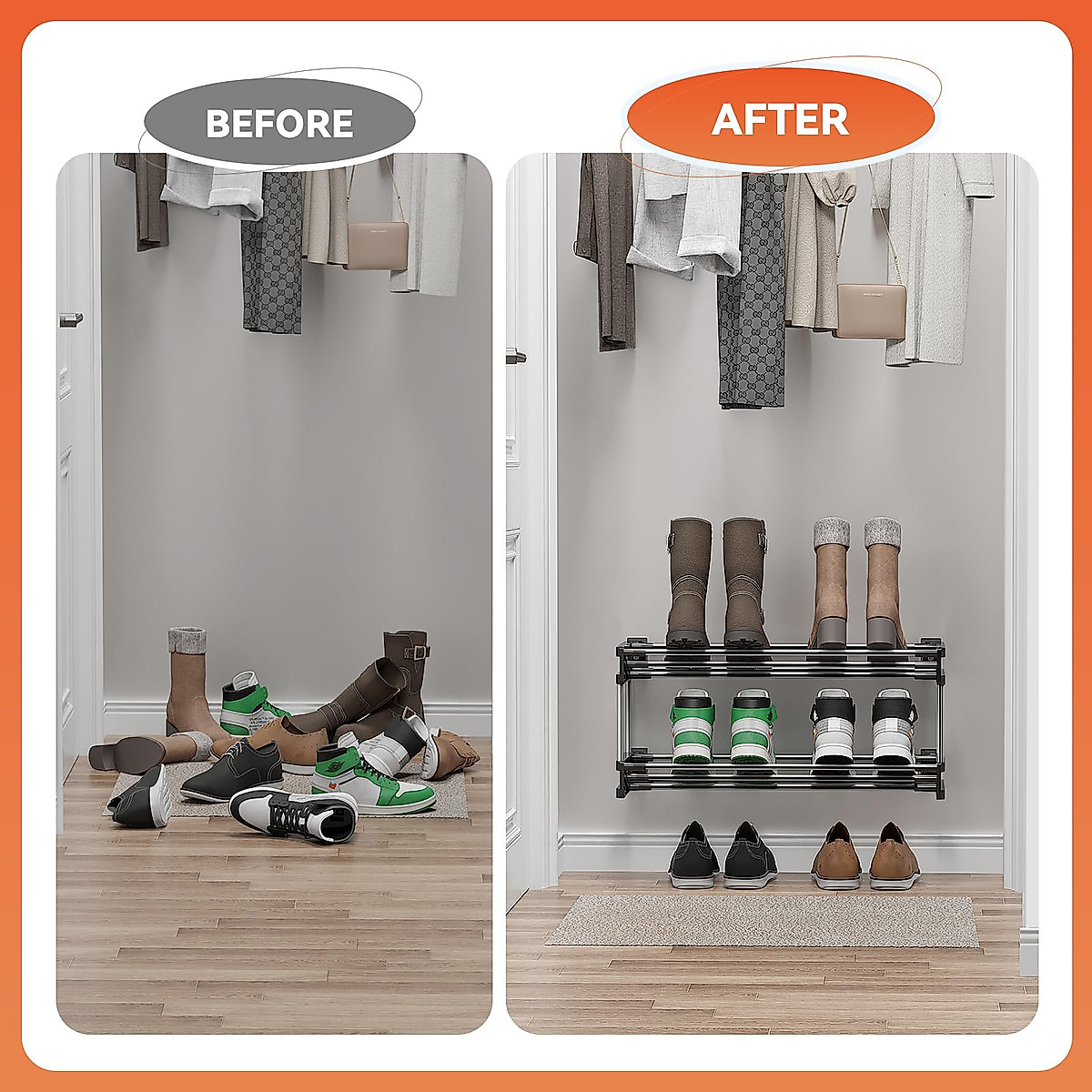 DEYILIAN Small Shoe Rack, 2 Tier Narrow Shoe Rack with Hook and Loop Sticky Adhesive Strips Wall Mounted Shoe Rack, Slim Shoe Rack Space Saving Design Behind the Door Wall Shoe Organizer for RV Closet