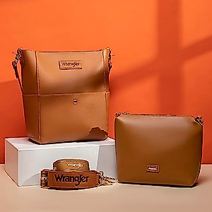 Wrangler Bucket Handbags for Women Crossbody Shoulder Purse with Guitar Strap and Hobo Bag Organizer Insert Tote Oversized Brown WG67-918BR