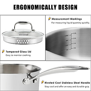 Rorence 3-Quart Saucepan with Lid: Pour and Strain Stainless Steel Sauce Pan with Pour Spouts, Capsule Bottom & Tempered Glass Lid