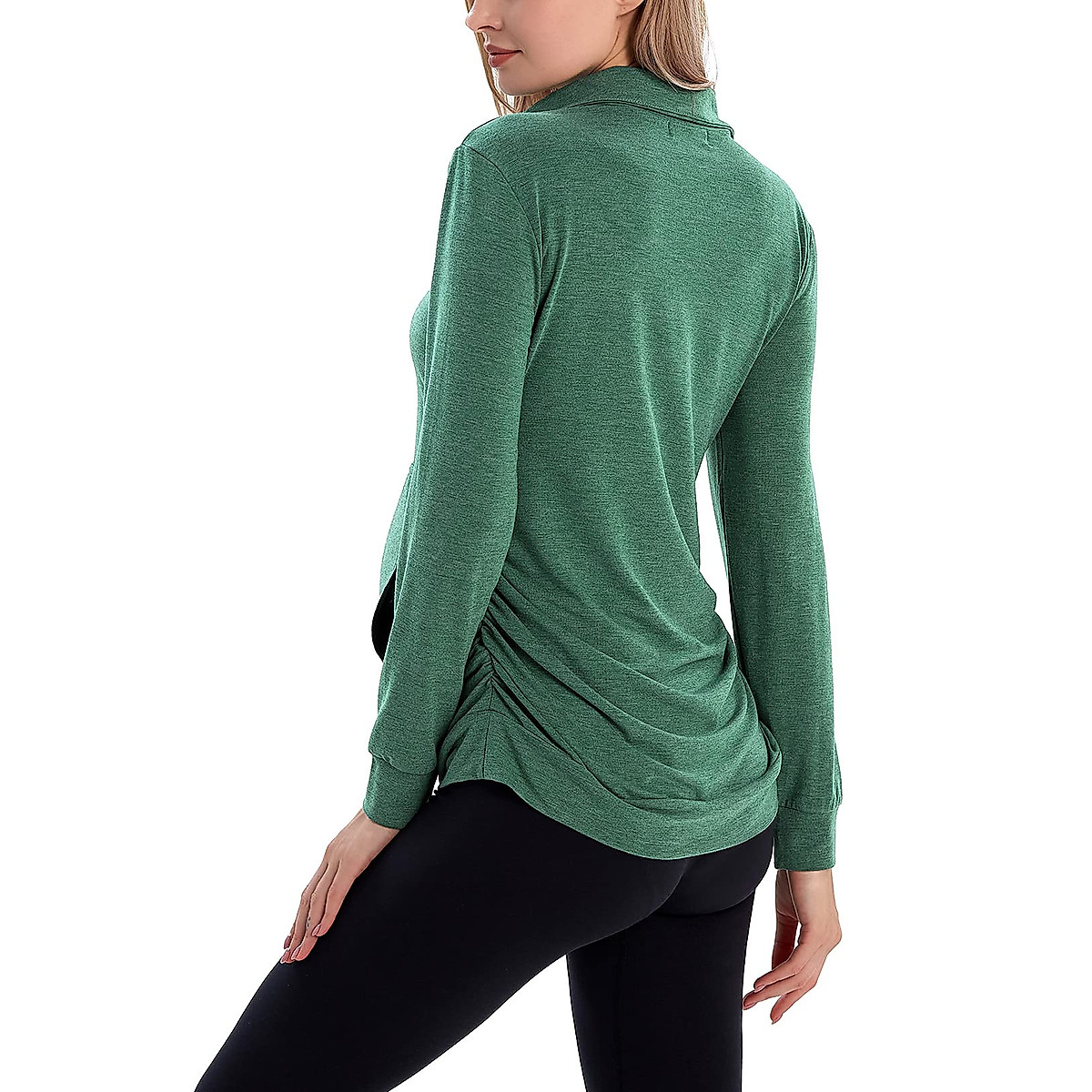 GINKANA Maternity Long Sleeve Shirt Lapel Zipper Casual Lightweight Maternity Top Shirts with Pockets,Green,S