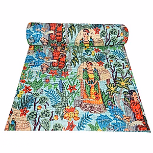 SHIRANYA Cotton Kantha Quilt Bedspread Twin Indian Handmade Blue Floral Frieda Kahlo Print Throw Blanket Reversible Traditional Patchwork Stitched Bedding Comforter (90x60 Inch/220x152Cm)