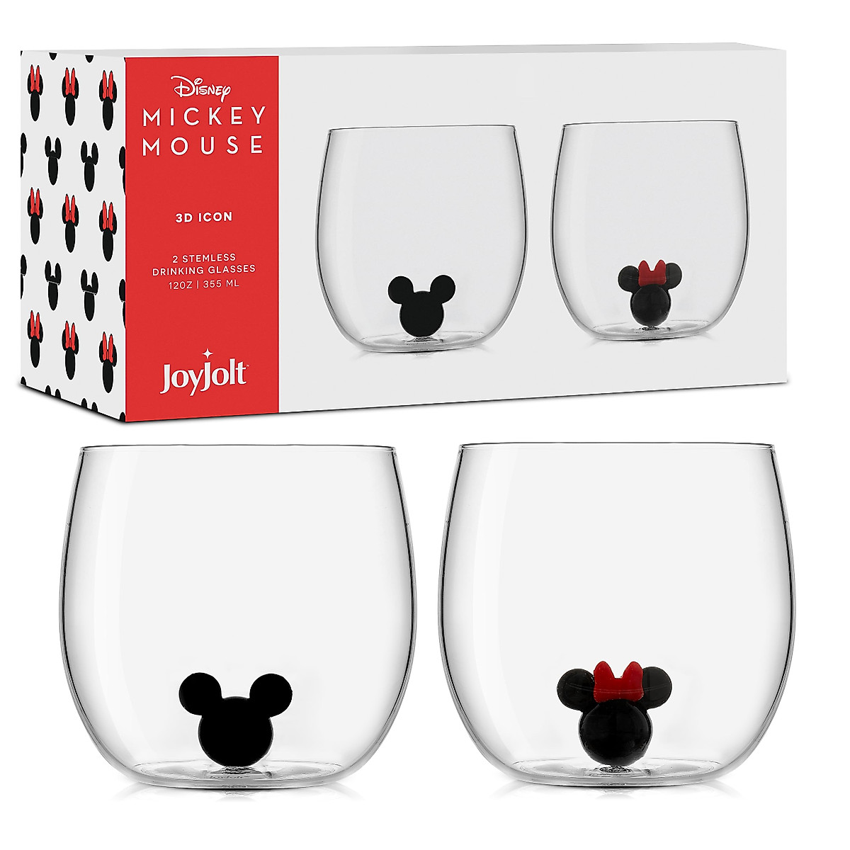 JoyJolt Disney Mickey Mouse Icon Stemless Wine Glass Set of 2 Drinking Glasses. 12 oz Tumbler Glass Cups. Colored Glassware. Disney Gifts, Disney Cups, Disney Collectibles for Adults