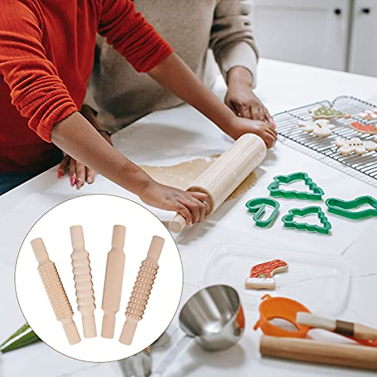 NUOBESTY 4pcs Wooden Mini Rolling Pin Embossed Rolling Stick Dough Molding Shaping Tool for Toddler Kids Art Craft Activity Supplies
