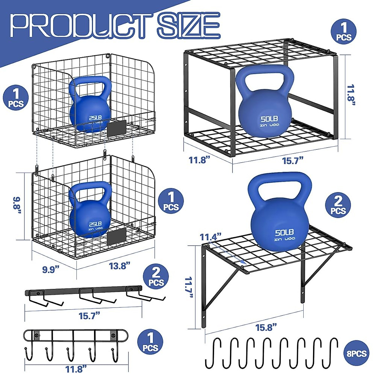 PSUTBPAT Garage Shelf Wall Mounted with Wire baskets, Heavy Duty Garage Wall Shelving with Garden Tool Storage und Hooks, Wire Shelf Baskets for Home Garden Garage Organization and Storage