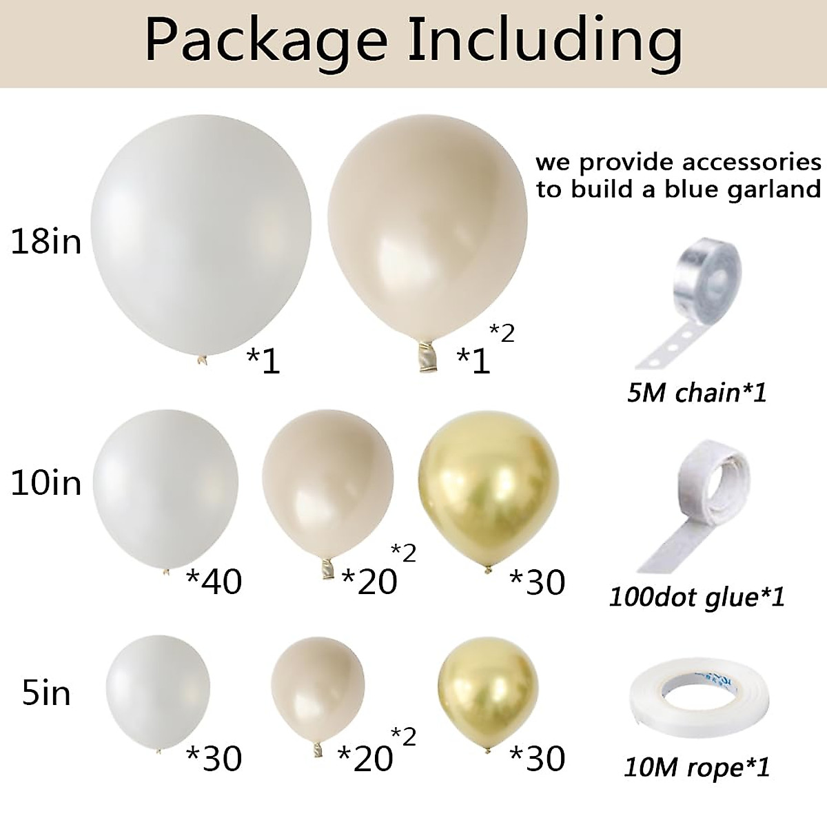 175Pcs Pearl White Double-stuffed Balloon Garland Kit, Pearl White Sand White Gold Balloons Arch for Boho Wedding Baby Bridal Shower Anniversary Birthday Party Decorations (Pearl White)