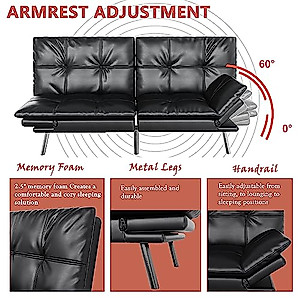 Fangflower Futon Sofa Bed, Faux Leather Memory Foam Couch, Foldable Convertible Sleeper Loveseat, Daybed for Living Room, Black
