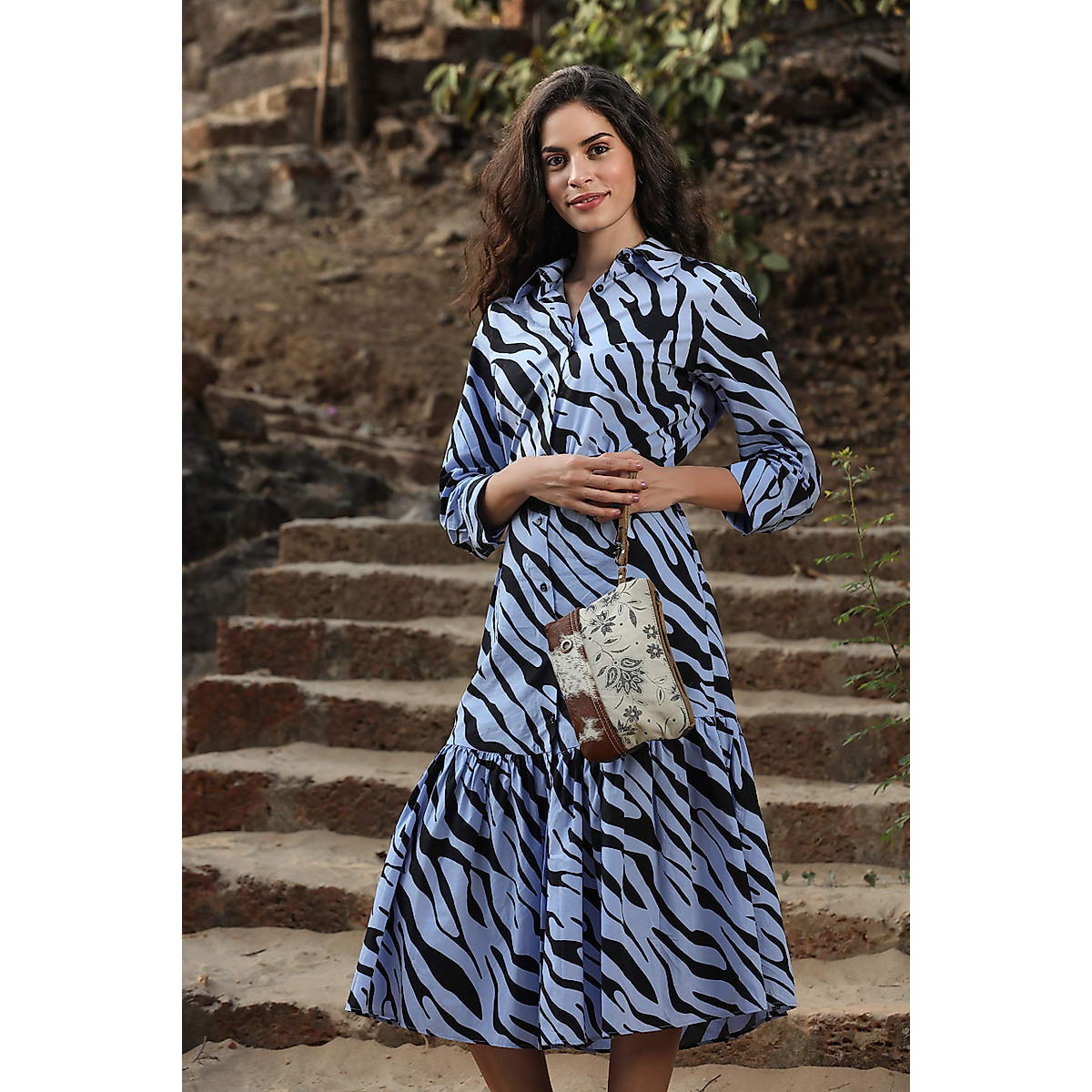 Myra Bag Floret Upcycled Canvas & Cowhide Wristlet Pouch Bag S-1523