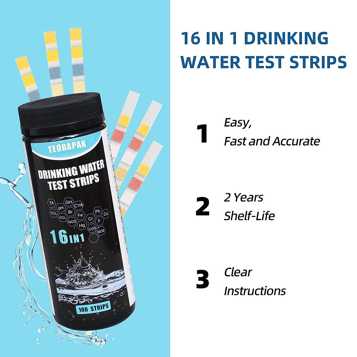 TEOBAPAK 16 in 1 Water Testing Kits for Drinking Water, 100 PCS Drinking Water Test Strips, Tap & Well Water Test Kit with Hardness, pH, Total Alkalinity, Mercury, Lead, Iron & More