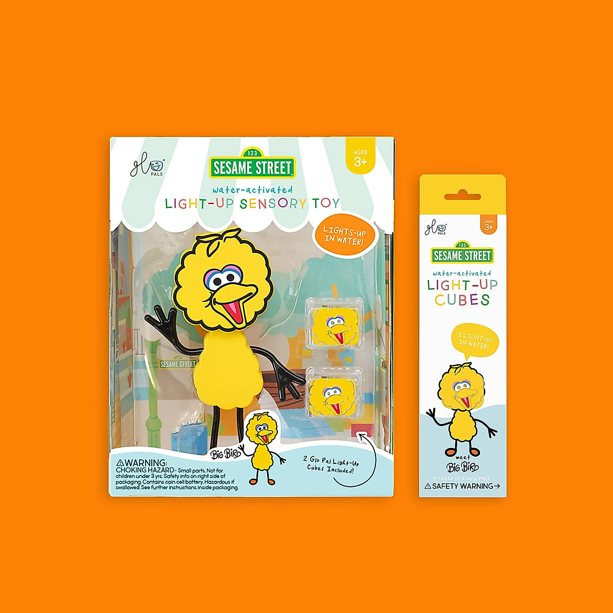 Glo Pals x Sesame Street Big Bird Water-Activated Bath Toy with 6 Reusable Light-Up Cubes for Sensory Play